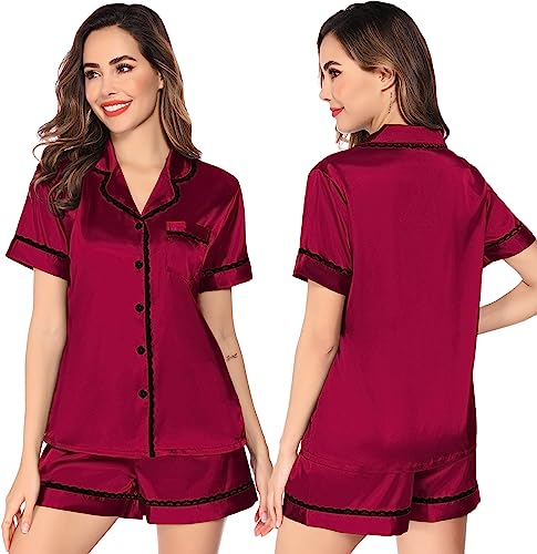 SWOMOG Summer Silk Pajamas for Women Satin Pjs Two Piece Soft Lace Lounge Shorts Button Down Pj Short Sleepwear Loungewear Wine Red