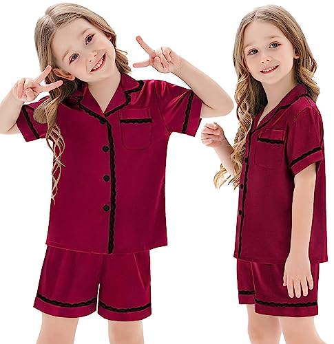 SWOMOG Summer Silk Pajamas for Women Satin Pjs Two Piece Soft Lace Lounge Shorts Button Down Pj Short Sleepwear Loungewear Wine Red