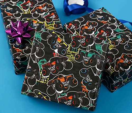 U'COVER Monster Truck Birthday Wrapping Paper for Kids Boys 3-Large Black Racing Car Gift Wrapping Paper for Men Baby Shower Holiday with Cut Line Folded Flat Gift Wrap Sheet 27 * 39.4inch