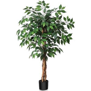 soguyi 4ft artificial ficus tree with natural wood trunk, silk fake ficus tree in plastic nursery pot, faux plant for office home, indoor outdoor decor, 1 pack