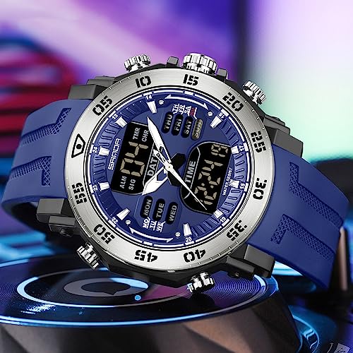 KXAITO Men's Watches Sports Outdoor Waterproof Military Watch Date Multi Function Tactics LED Face Alarm Stopwatch for Men 6029 (Blue)