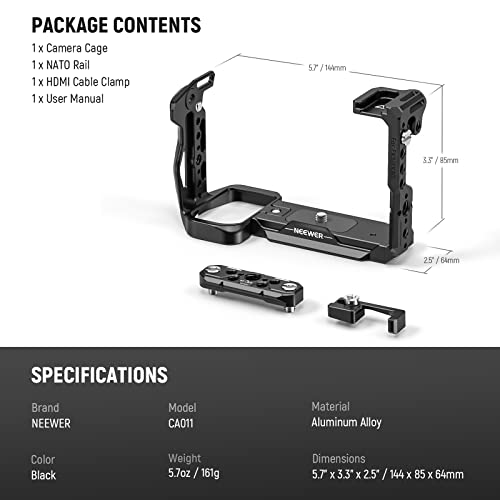 NEEWER FX3/FX30 Camera Cage with HDMI Cable Clamp, NATO Rail, 3/8" ARRI Locating Holes, 1/4" Threads Compatible with Sony FX3 FX30/Original XLR Handle, Compatible with DJI RS2 RS3 Gimbal, CA011