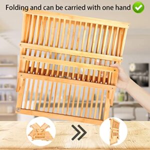 ZROOY Bamboo Dish Drying Rack with Utensil Holder Set,3-Tier Collapsible Wood Dish Drying Rack for Kitchen,Folding Bamboo Drying Rack with Utensils Flatware Holder,Space-Saving Storage with Foldable