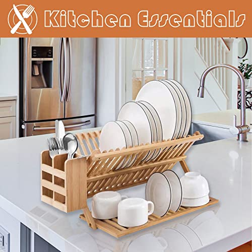 ZROOY Bamboo Dish Drying Rack with Utensil Holder Set,3-Tier Collapsible Wood Dish Drying Rack for Kitchen,Folding Bamboo Drying Rack with Utensils Flatware Holder,Space-Saving Storage with Foldable