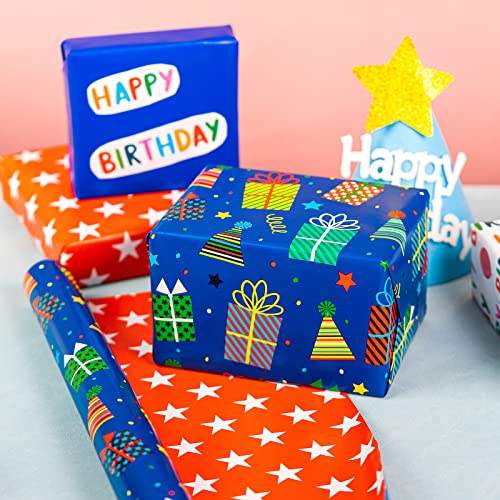 WRAPAHOLIC Reversible Birthday Wrapping Paper Roll - Mini Roll - 3 Rolls - 17 Inch X 120 Inch Per Roll - Happy Birthday Lettering and Gift Box for Kid's Birthday, Baby Shower