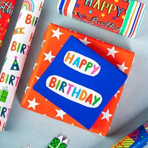 WRAPAHOLIC Reversible Birthday Wrapping Paper Roll - Mini Roll - 3 Rolls - 17 Inch X 120 Inch Per Roll - Happy Birthday Lettering and Gift Box for Kid's Birthday, Baby Shower