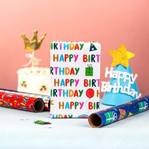 WRAPAHOLIC Reversible Birthday Wrapping Paper Roll - Mini Roll - 3 Rolls - 17 Inch X 120 Inch Per Roll - Happy Birthday Lettering and Gift Box for Kid's Birthday, Baby Shower