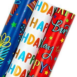 WRAPAHOLIC Reversible Birthday Wrapping Paper Roll - Mini Roll - 3 Rolls - 17 Inch X 120 Inch Per Roll - Happy Birthday Lettering and Gift Box for Kid's Birthday, Baby Shower