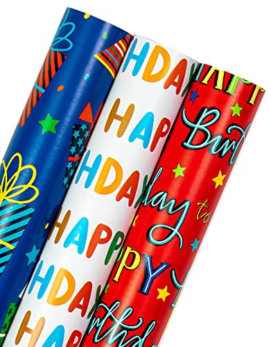 WRAPAHOLIC Reversible Birthday Wrapping Paper Roll - Mini Roll - 3 Rolls - 17 Inch X 120 Inch Per Roll - Happy Birthday Lettering and Gift Box for Kid's Birthday, Baby Shower