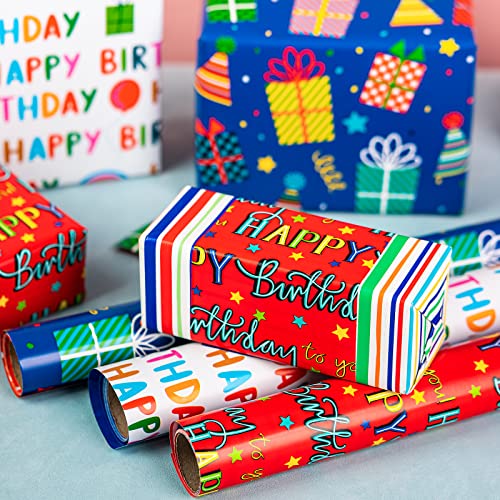 WRAPAHOLIC Reversible Birthday Wrapping Paper Roll - Mini Roll - 3 Rolls - 17 Inch X 120 Inch Per Roll - Happy Birthday Lettering and Gift Box for Kid's Birthday, Baby Shower