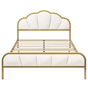 HIFIT Queen Upholstered Bed Frame with Elegant Flowers Headboard, Metal Platform Size Wooden Slats Support, No Box Spring Needed, Noise, Easy Assembly, Velvet, Beige