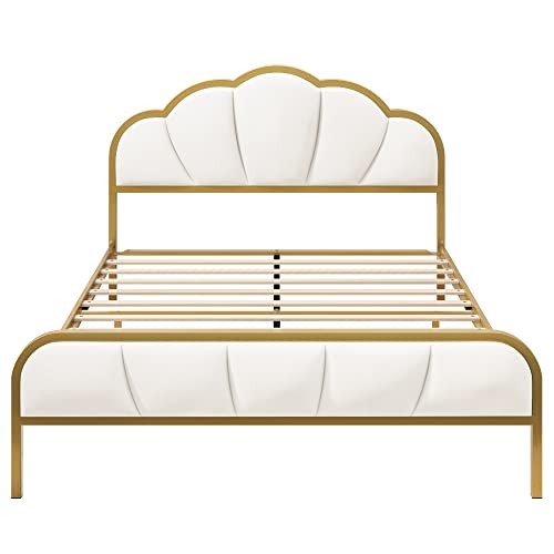 HIFIT Queen Upholstered Bed Frame with Elegant Flowers Headboard, Metal Platform Size Wooden Slats Support, No Box Spring Needed, Noise, Easy Assembly, Velvet, Beige