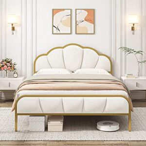 hifit queen upholstered bed frame with elegant flowers headboard, metal platform size wooden slats support, no box spring needed, noise, easy assembly, velvet, beige