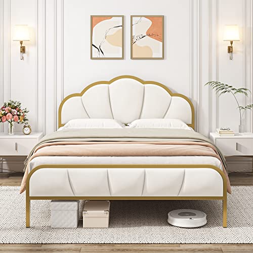 HIFIT Queen Upholstered Bed Frame with Elegant Flowers Headboard, Metal Platform Size Wooden Slats Support, No Box Spring Needed, Noise, Easy Assembly, Velvet, Beige