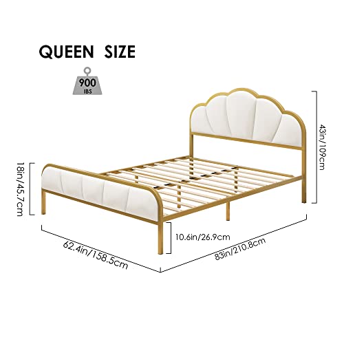 HIFIT Queen Upholstered Bed Frame with Elegant Flowers Headboard, Metal Platform Size Wooden Slats Support, No Box Spring Needed, Noise, Easy Assembly, Velvet, Beige