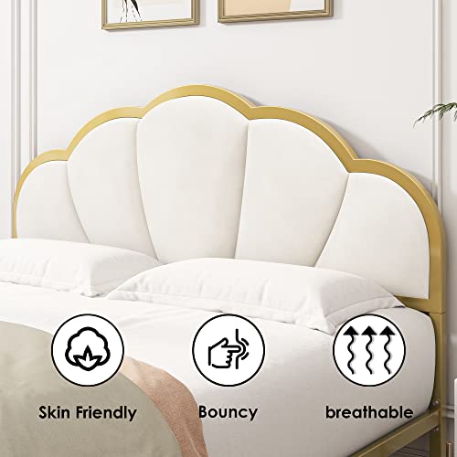 HIFIT Queen Upholstered Bed Frame with Elegant Flowers Headboard, Metal Platform Size Wooden Slats Support, No Box Spring Needed, Noise, Easy Assembly, Velvet, Beige