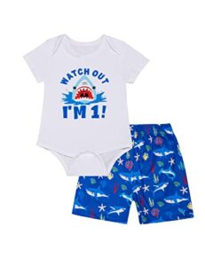 mommy's new man toddler baby boy 1st birthday shark short sleeve one years old outfit + short cake smash bodysuit set (shark 1, 18-24 months)