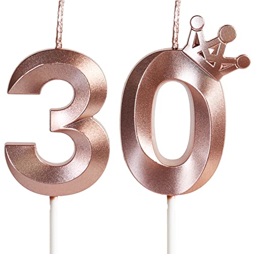 30th Birthday Candles for Cake, Number 30 Rose Gold Candles with Crown, 3D Design Birthday Cake Topper for Women Birthday Party Wedding Anniversary Celebration Decorations Supplies