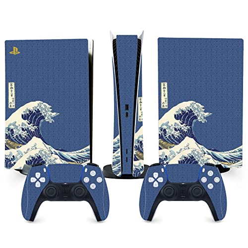 TANOKAY PS5 Console Skin and Controller Skin Set | Painting The Great Wave of Kanagawa | Matte Finish Vinyl Wrap Sticker Full Decal Skins | Compatible with Sony Playstation 5 Digital Edition