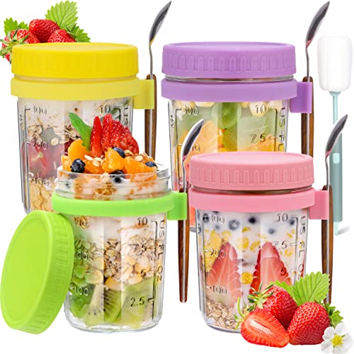 Overnight Oats Containers w.Lids and Spoons,Mason Jars for Overnight Oats,Airtight Overnight Oat Jar w.Measurement Marks,Storage Container for Milk,Fruit,12oz,Set of 4