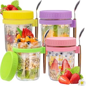 Overnight Oats Containers w.Lids and Spoons,Mason Jars for Overnight Oats,Airtight Overnight Oat Jar w.Measurement Marks,Storage Container for Milk,Fruit,12oz,Set of 4