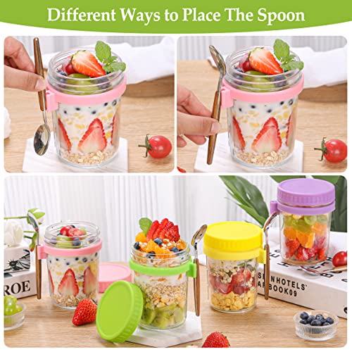 Overnight Oats Containers w.Lids and Spoons,Mason Jars for Overnight Oats,Airtight Overnight Oat Jar w.Measurement Marks,Storage Container for Milk,Fruit,12oz,Set of 4