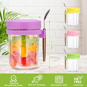 Overnight Oats Containers w.Lids and Spoons,Mason Jars for Overnight Oats,Airtight Overnight Oat Jar w.Measurement Marks,Storage Container for Milk,Fruit,12oz,Set of 4