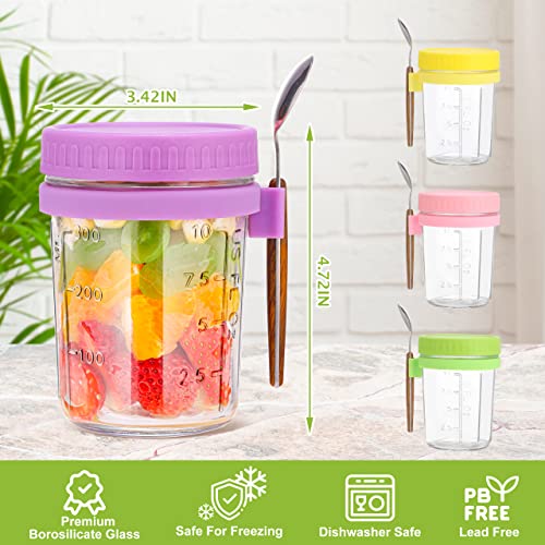 Overnight Oats Containers w.Lids and Spoons,Mason Jars for Overnight Oats,Airtight Overnight Oat Jar w.Measurement Marks,Storage Container for Milk,Fruit,12oz,Set of 4