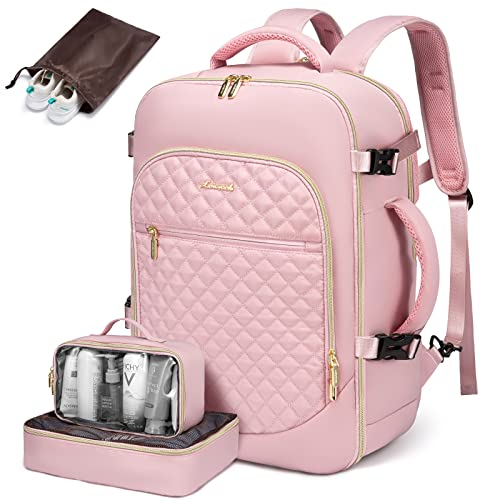 LOVEVOOK Large Travel Backpack Women,40L Flight Approved Carry On Backpack Fits for 17.3inch Laptop,Anti-Theft Large Casual Daypack with 3 Packing Cubes, Pink