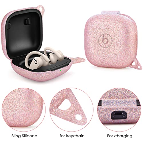 VISOOM Bling Powerbeats Pro Case Cover, Silicone Powerbeats Pro Cute Case Cover for Women Girl with Glitter Keychain for Powerbeats Pro Protector Case (Rose Gold)