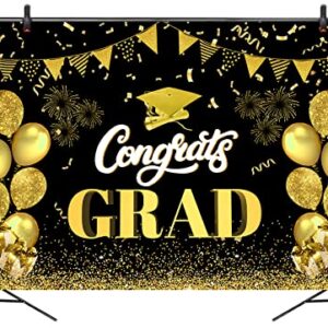 HVEST Congrats Grad Backdrop Black and Gold Balloon Class of 2023 Photography Background for Graduation Party Decorations Graduation Banner Cake Table Decor Photo Booth Props,7x5ft