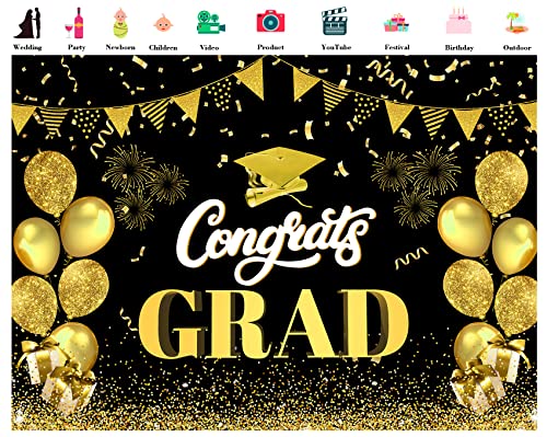 HVEST Congrats Grad Backdrop Black and Gold Balloon Class of 2023 Photography Background for Graduation Party Decorations Graduation Banner Cake Table Decor Photo Booth Props,7x5ft