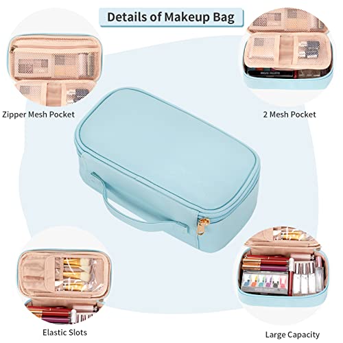 OCHEAL Small Makeup Bag,Portable Cute Travel Makeup Bag Pouch for Women Girls Makeup Brush Organizer Cosmetics Bags with Compartment-Lake Blue