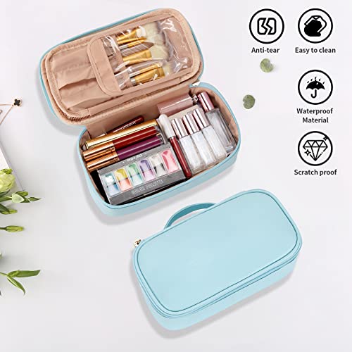 OCHEAL Small Makeup Bag,Portable Cute Travel Makeup Bag Pouch for Women Girls Makeup Brush Organizer Cosmetics Bags with Compartment-Lake Blue