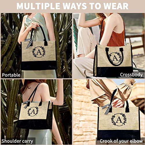 YOOLIFE Gifts for Women - A Initial Jute Tote Beach Bag with Zipper Mothers Day Birthday Gifts for Women Friends Female Mom Sister Beach Bag Teacher Appreciation Gifts Bride Wedding Gifts for Women