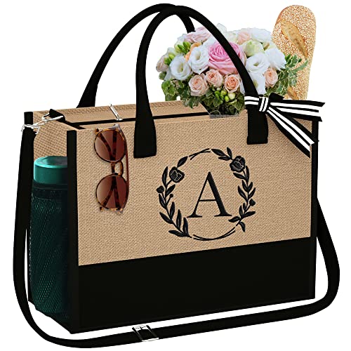 YOOLIFE Gifts for Women - A Initial Jute Tote Beach Bag with Zipper Mothers Day Birthday Gifts for Women Friends Female Mom Sister Beach Bag Teacher Appreciation Gifts Bride Wedding Gifts for Women