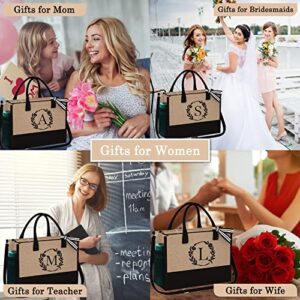 YOOLIFE Gifts for Women - A Initial Jute Tote Beach Bag with Zipper Mothers Day Birthday Gifts for Women Friends Female Mom Sister Beach Bag Teacher Appreciation Gifts Bride Wedding Gifts for Women