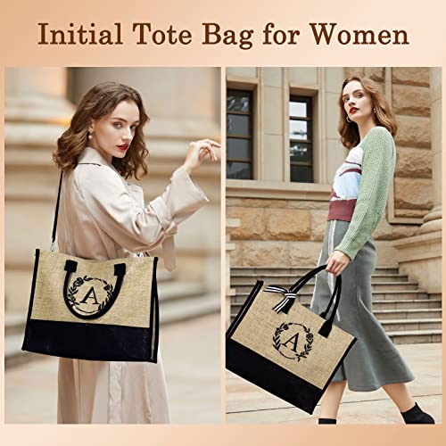 YOOLIFE Gifts for Women - A Initial Jute Tote Beach Bag with Zipper Mothers Day Birthday Gifts for Women Friends Female Mom Sister Beach Bag Teacher Appreciation Gifts Bride Wedding Gifts for Women