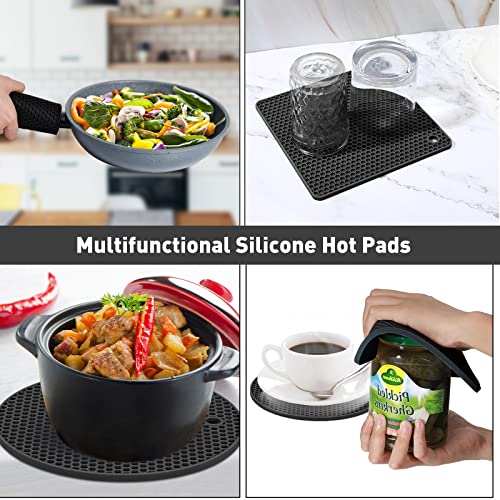 12 Pack Silicone Trivet Mats Heat Resistant Pot Holders Multipurpose Non-Slip Hot Pads with Silicone Oven Mitts for Kitchen Potholders Counter Hot Pan Table Jar Opener Placemats (Black)