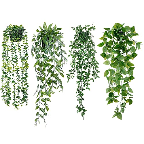 Sggvecsy Fake Hanging Plants 4 Pack Artificial Hanging Eucalyptus Plants Fake Potted Greenery Faux Eucalyptus Mandala Vine Ivy Vine Leaves Pea Pod for Home Indoor Outdoor Wall Garden Decor