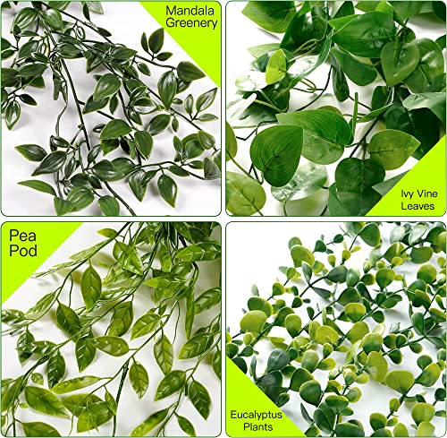 Sggvecsy Fake Hanging Plants 4 Pack Artificial Hanging Eucalyptus Plants Fake Potted Greenery Faux Eucalyptus Mandala Vine Ivy Vine Leaves Pea Pod for Home Indoor Outdoor Wall Garden Decor