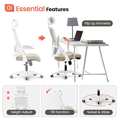 NEO CHAIR Office High Back Mesh Headrest Adjustable Height and Ergonomic Design Home Office Computer Desk Executive Lumbar Support Padded Flip-up Armrest Swivel (Beige)