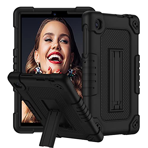 SOATUTO for TCL TAB 8 LE Tablet Case Model 9137W / for TCL TAB 8 WiFi Model 9132X Tablet Case with Shoulder Strap Soft Silicone Hard Back Rugged Full-Body Cover Case (Black+Black)