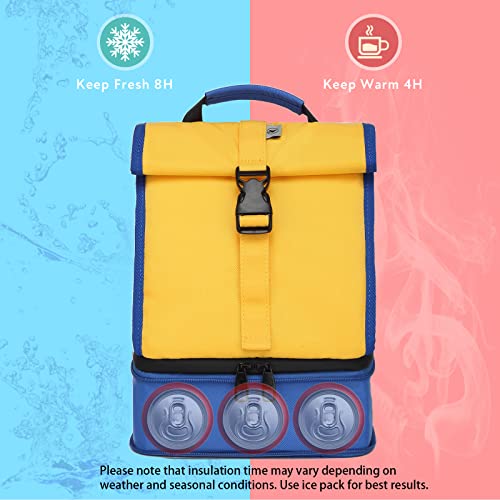 SUNNY BIRD Insulated Dual Compartment Lunch Bag Expandable Roll Top Lunch Box for Adult Women Girl Teen (Yellow, Medium)