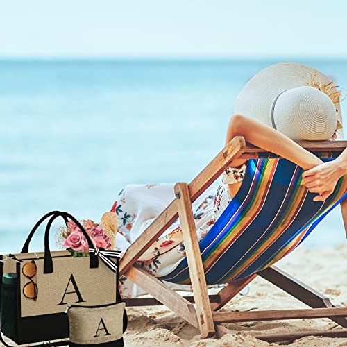 YOOLIFE Gifts for Women - Initial Jute Tote Bag with Makeup Bag Personalized Gifts for Women Beach K Initial Tote Bag with Zipper Birthday Gifts for Women Bride Teacher Gifts Mom Birthday Gifts