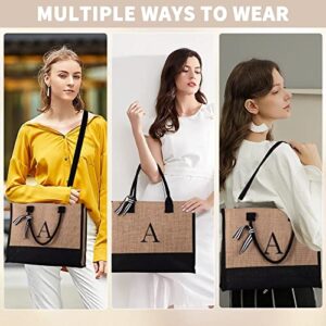 YOOLIFE Gifts for Women - Initial Jute Tote Bag with Makeup Bag Personalized Gifts for Women Beach K Initial Tote Bag with Zipper Birthday Gifts for Women Bride Teacher Gifts Mom Birthday Gifts