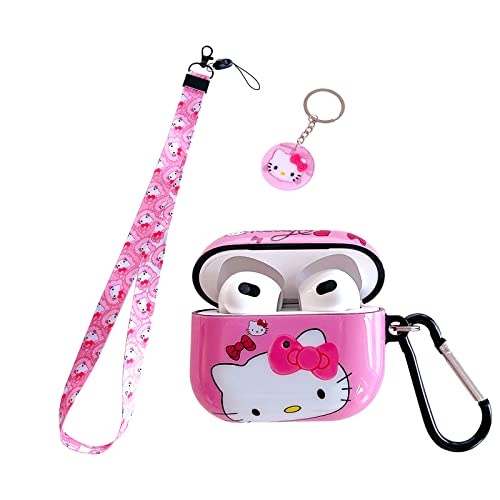 Cute Interesting Hello Cartoon Design Soft TPU Airpod 3rd Generation Case，with Unique Fashion Kawaii Pink Cat Lanyard Keychain，AirPod 3rd Case Cover for Women and Girls