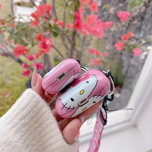 Cute Interesting Hello Cartoon Design Soft TPU Airpod 3rd Generation Case，with Unique Fashion Kawaii Pink Cat Lanyard Keychain，AirPod 3rd Case Cover for Women and Girls