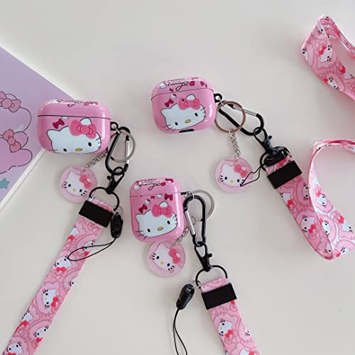 Cute Interesting Hello Cartoon Design Soft TPU Airpod 3rd Generation Case，with Unique Fashion Kawaii Pink Cat Lanyard Keychain，AirPod 3rd Case Cover for Women and Girls