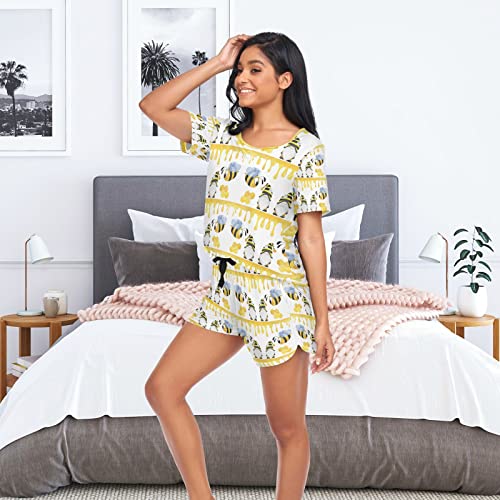 Yellow Flying Bee Dressed up Gnome Honeycomb on White Women's Pajamas 2 Piece Set, Crew Neck Soft Polyester Short Sleeve Nightwear, Lounge Comfy Sleepwear with Pockets for Women (XL)